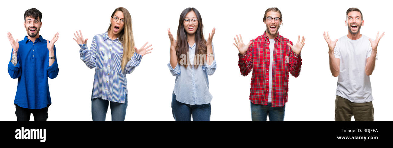 Collage of young people over white isolated background celebrating ...