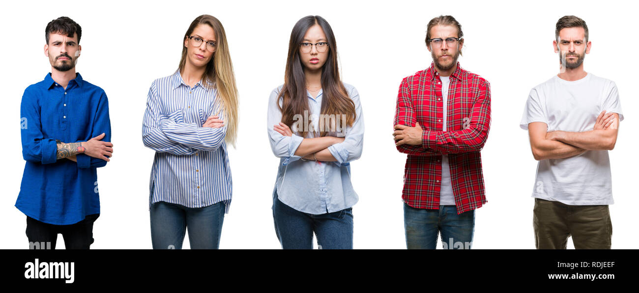 Collage of young people over white isolated background skeptic and ...