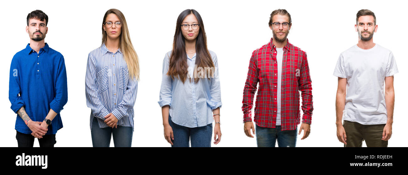 Collage of young people over white isolated background Relaxed with ...