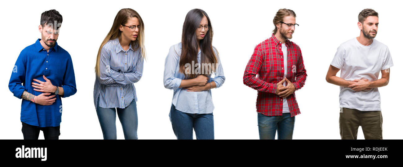 Collage of young people over white isolated background with hand on ...