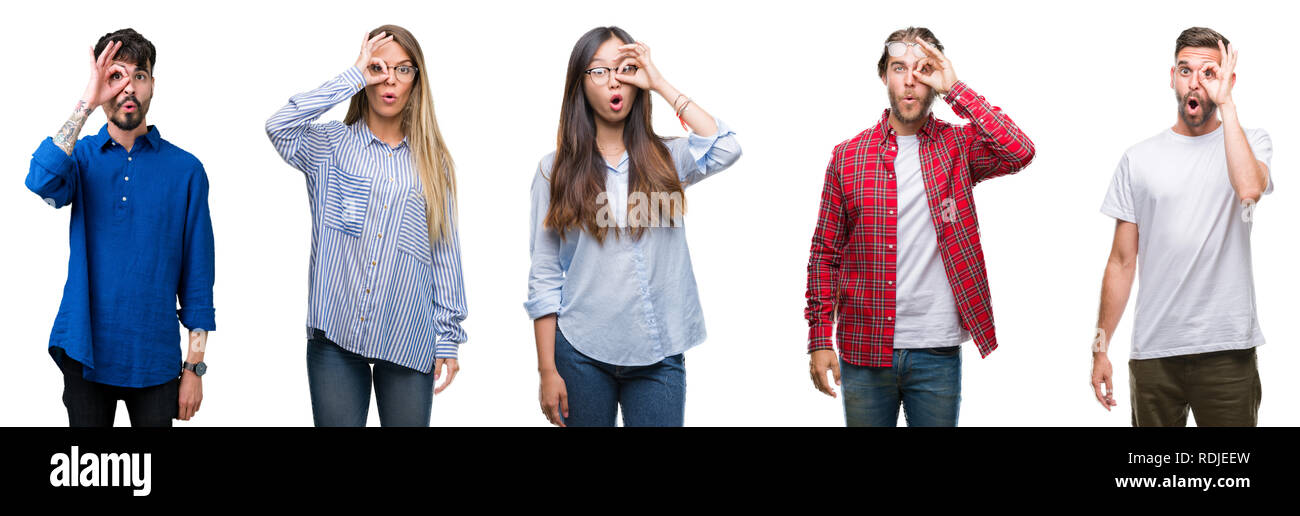 Collage of young people over white isolated background doing ok gesture ...