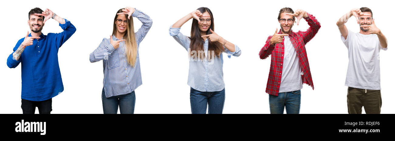 Collage of young people over white isolated background smiling making ...
