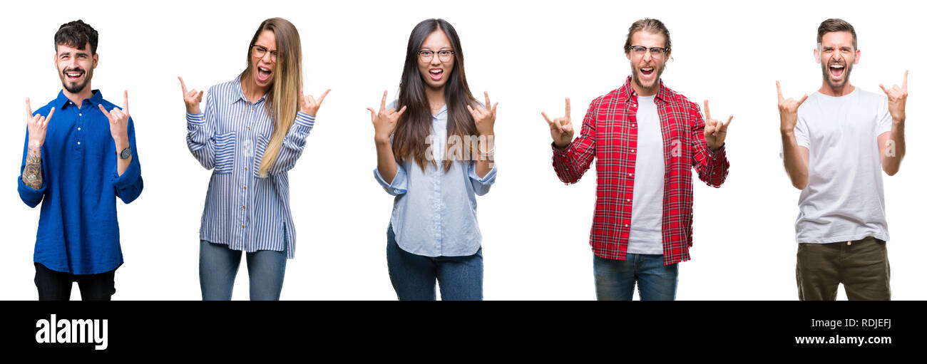 Collage of young people over white isolated background shouting with ...