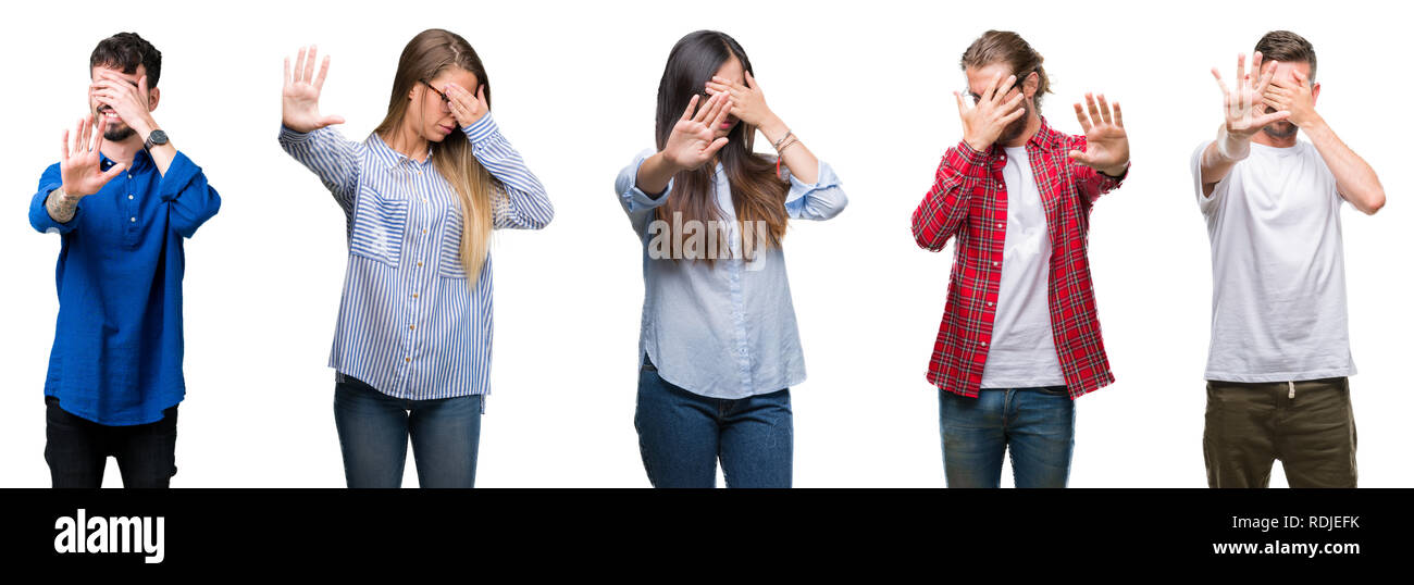 Collage of young people over white isolated background covering eyes ...
