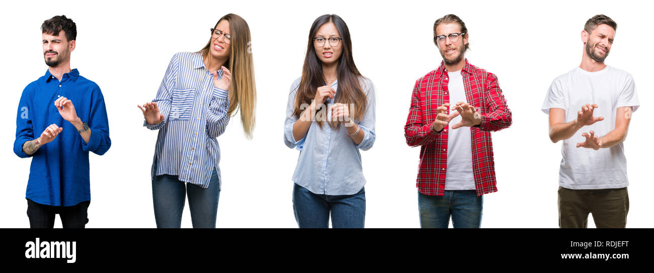 Collage of young people over white isolated background disgusted ...