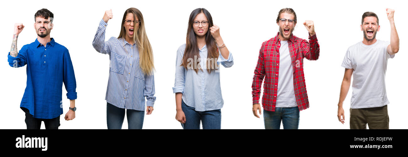 Collage of young people over white isolated background angry and mad ...