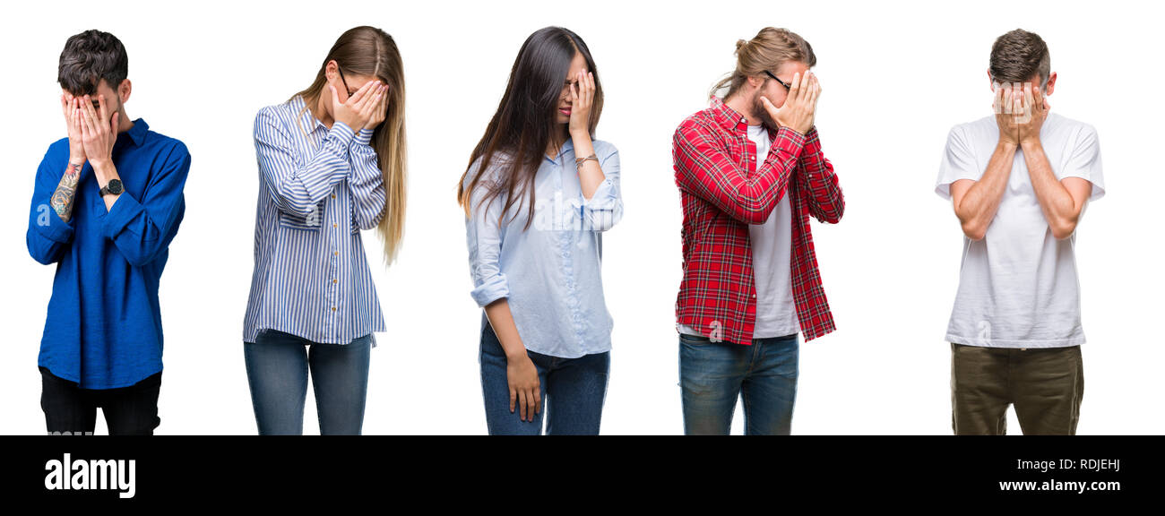 Collage of young people over white isolated background with sad ...