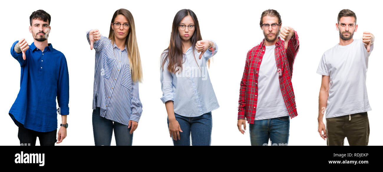 Collage of young people over white isolated background looking unhappy ...
