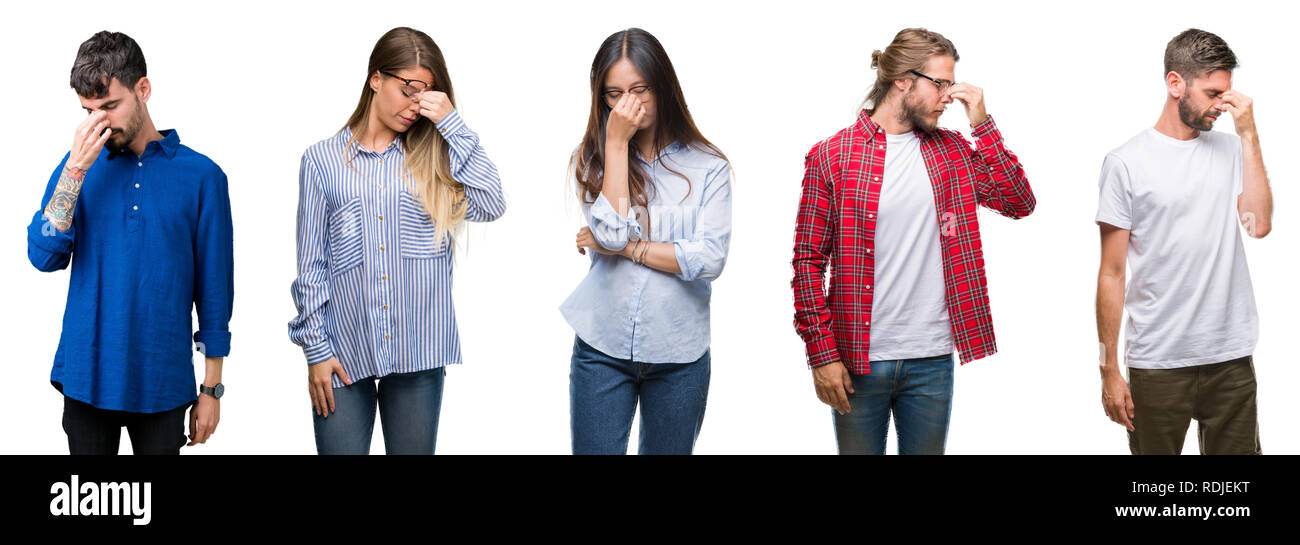 Collage of young people over white isolated background tired rubbing ...