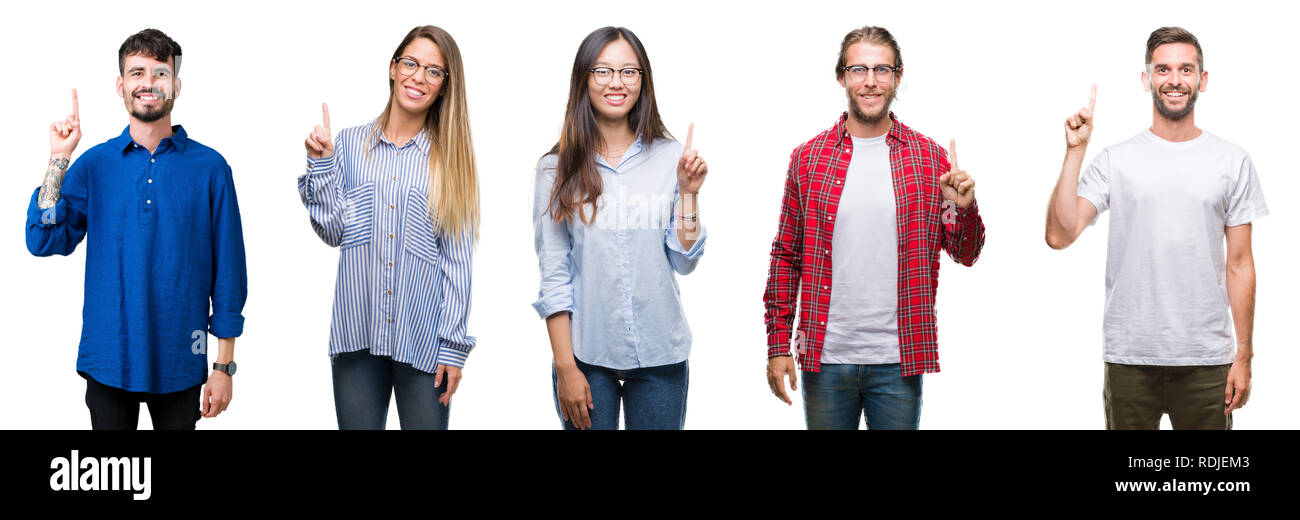 Collage of young people over white isolated background showing and ...