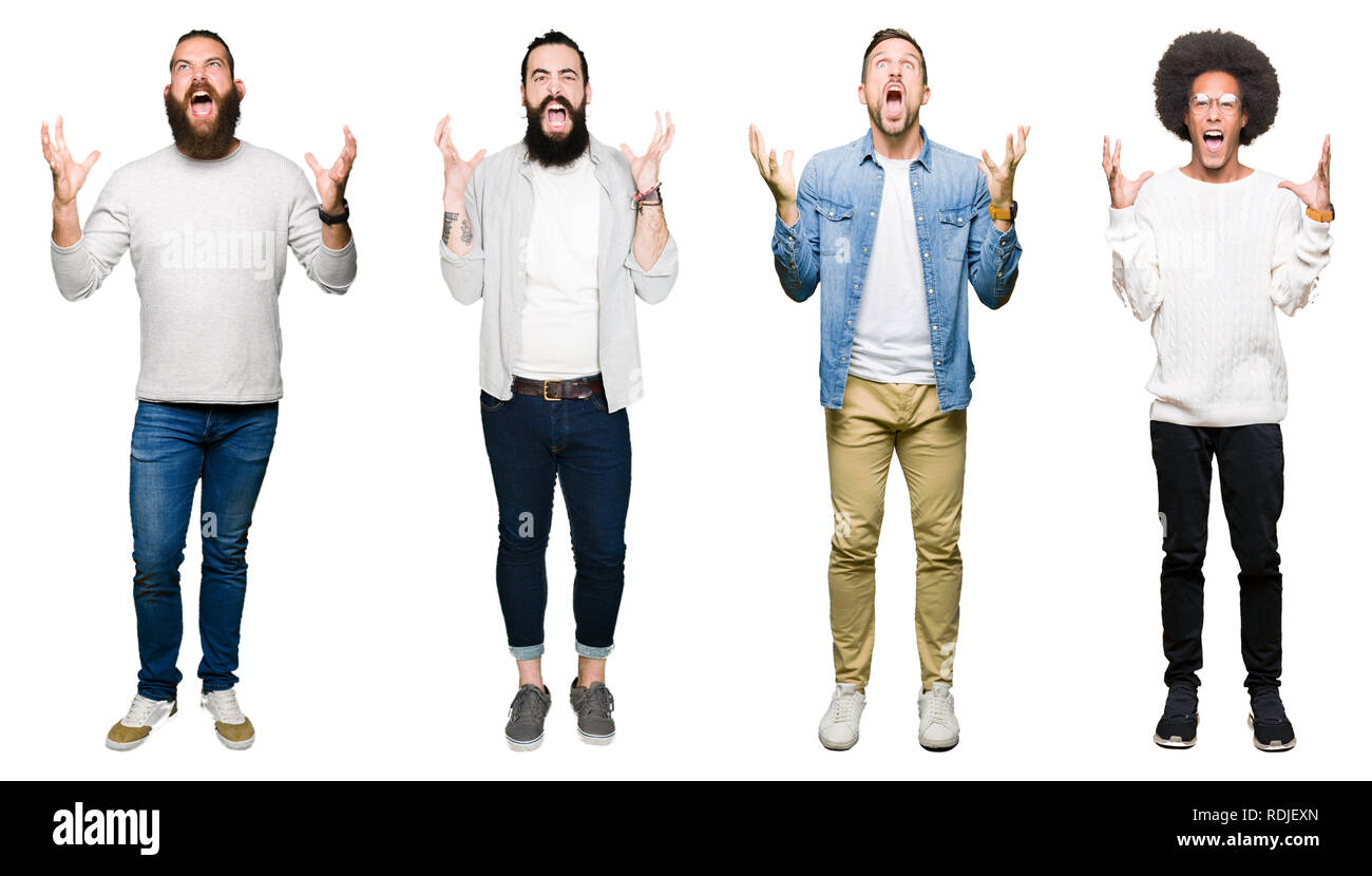 Collage of group of young men over white isolated background crazy and ...