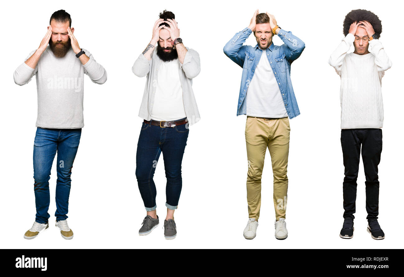 Collage of group of young men over white isolated background suffering ...