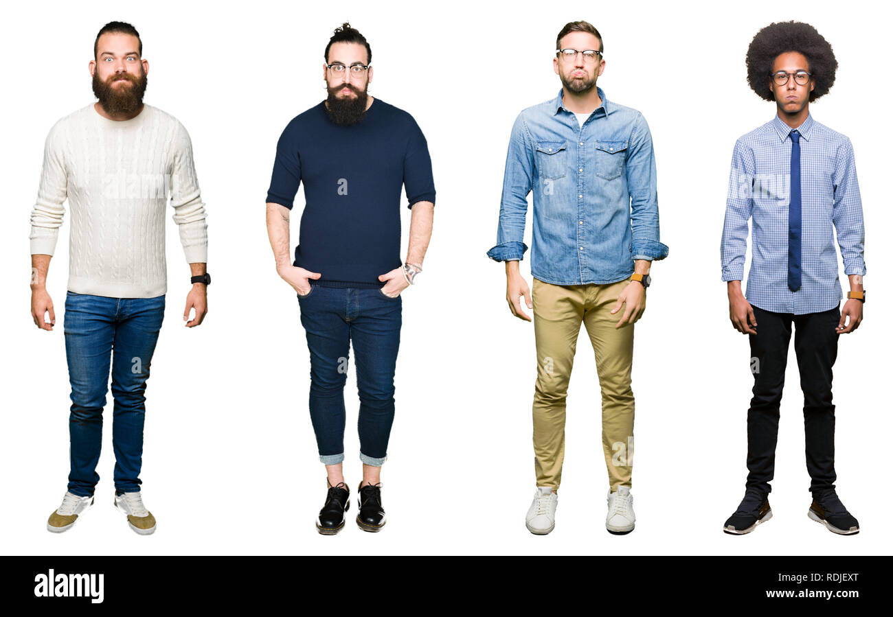 Collage of group of young men over white isolated background puffing ...