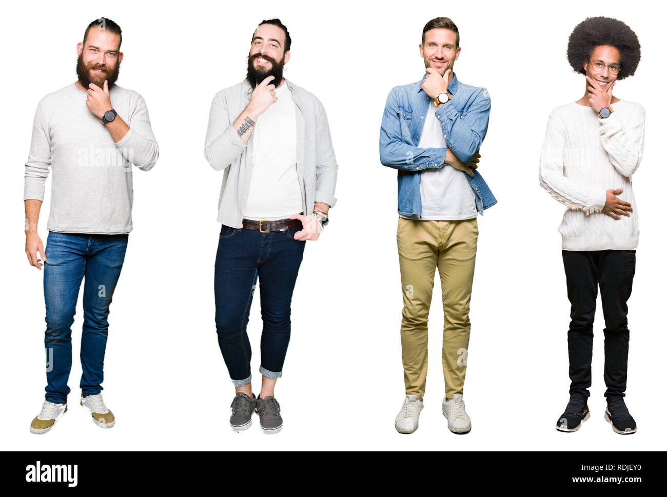 Collage of group of young men over white isolated background looking ...
