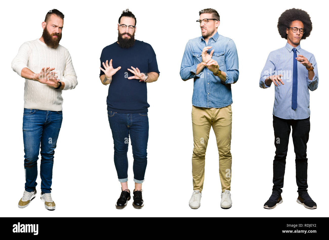 Collage of group of young men over white isolated background disgusted ...