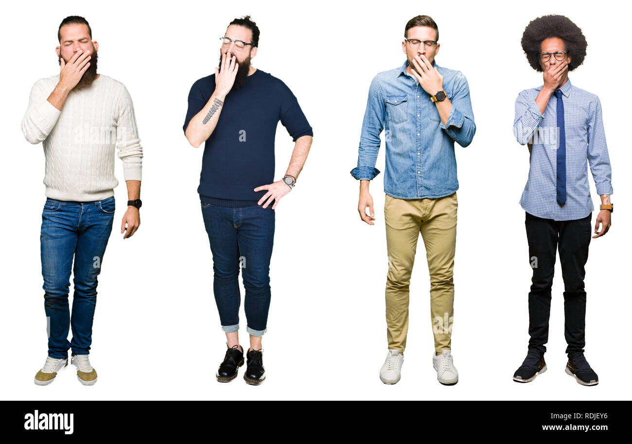 Collage of group of young men over white isolated background bored ...