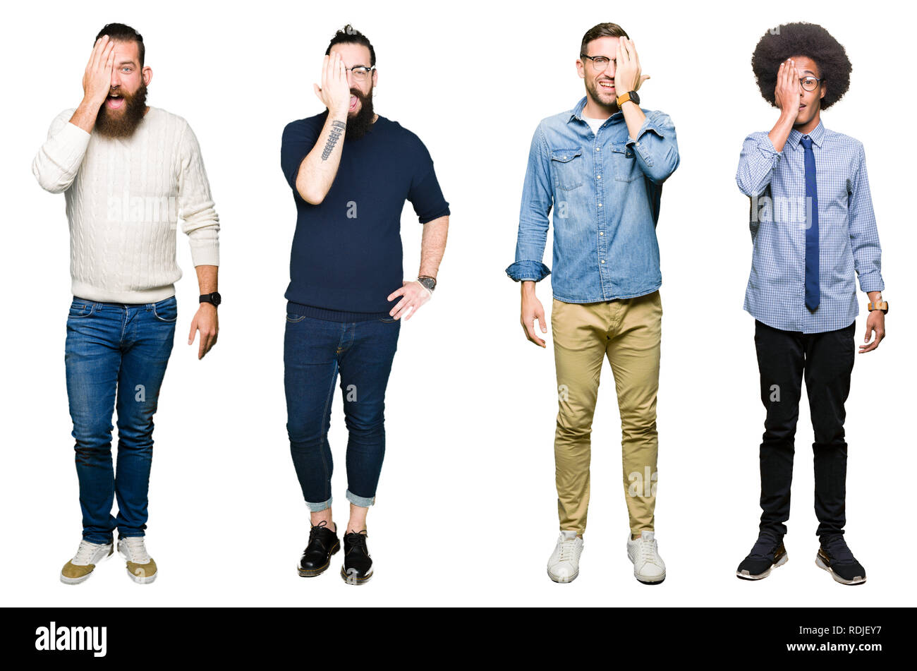Collage of group of young men over white isolated background covering ...
