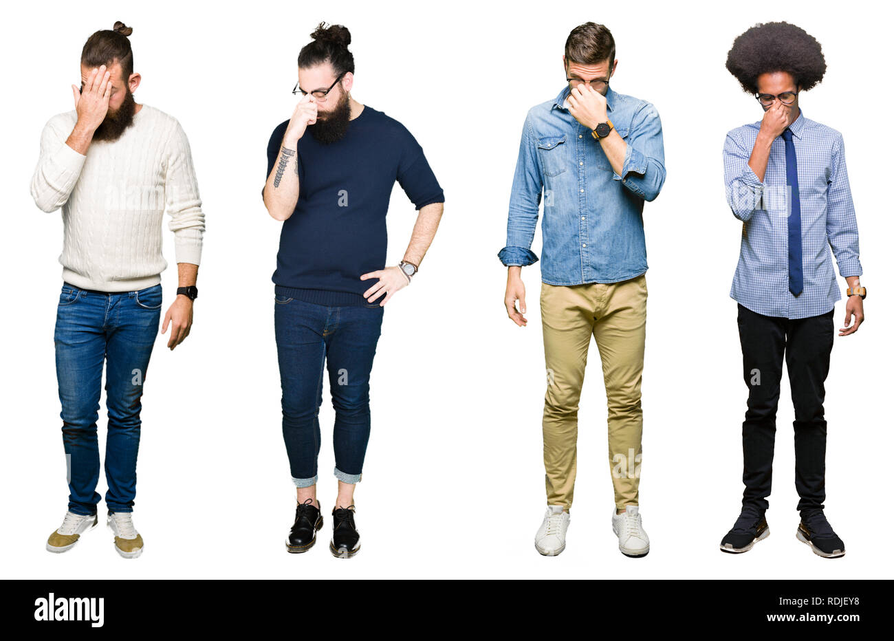 Collage of group of young men over white isolated background tired ...