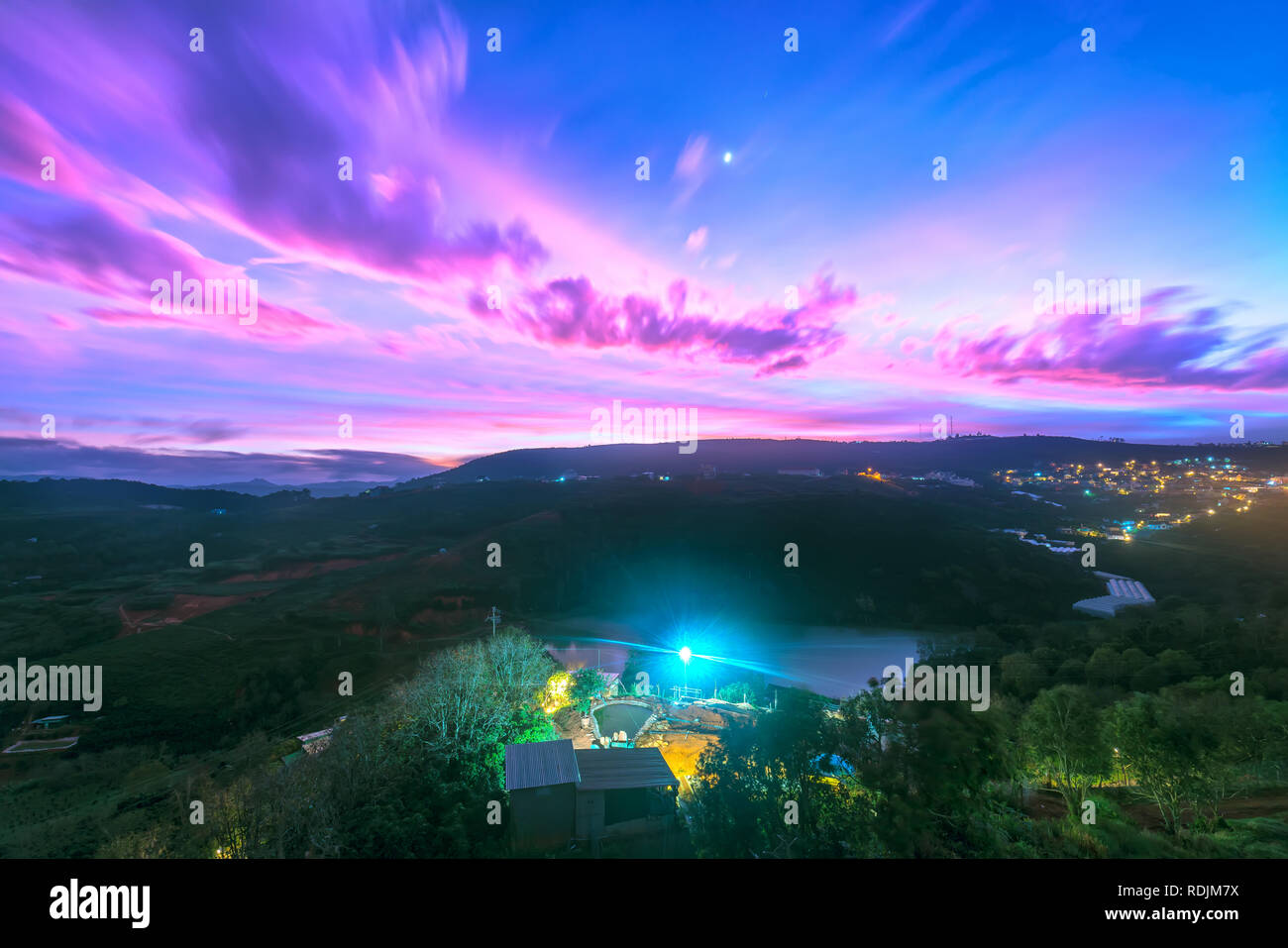 Dawn on plateau in morning with colorful sky, while sun rising from ...