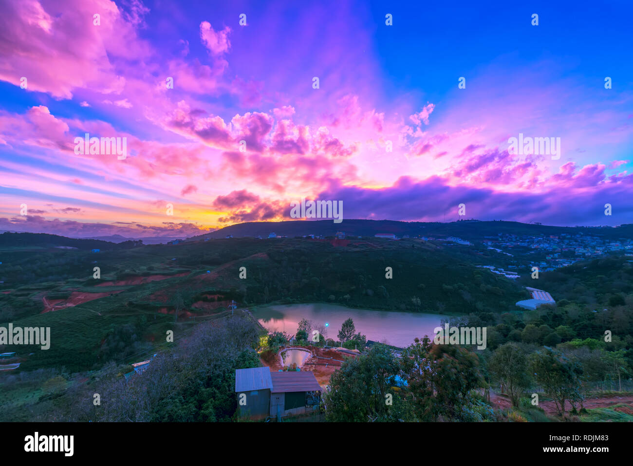 Dawn on plateau in morning with colorful sky, while sun rising from ...