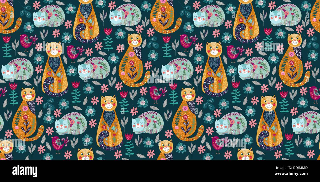 Seamless rectangular pattern with cute cats and birds, flowers and ...