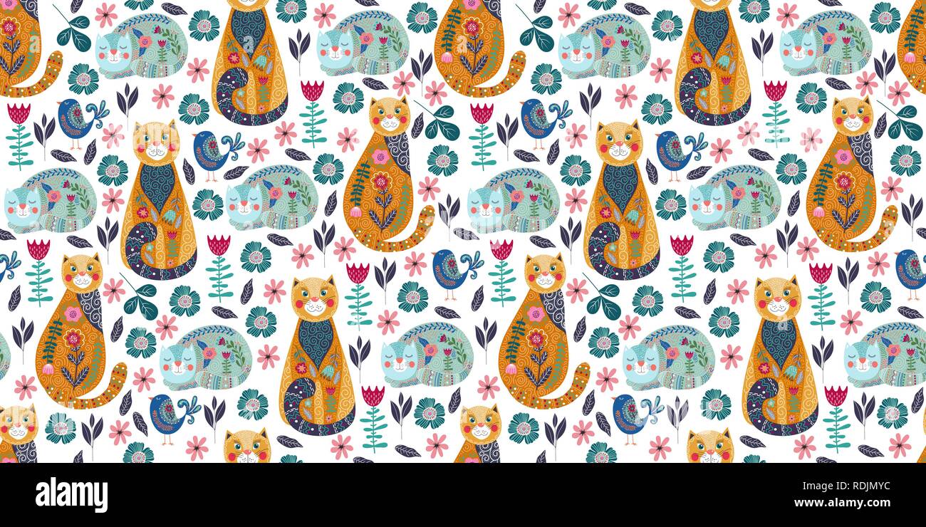 Seamless rectangular pattern with cute cats and birds, flowers and ...