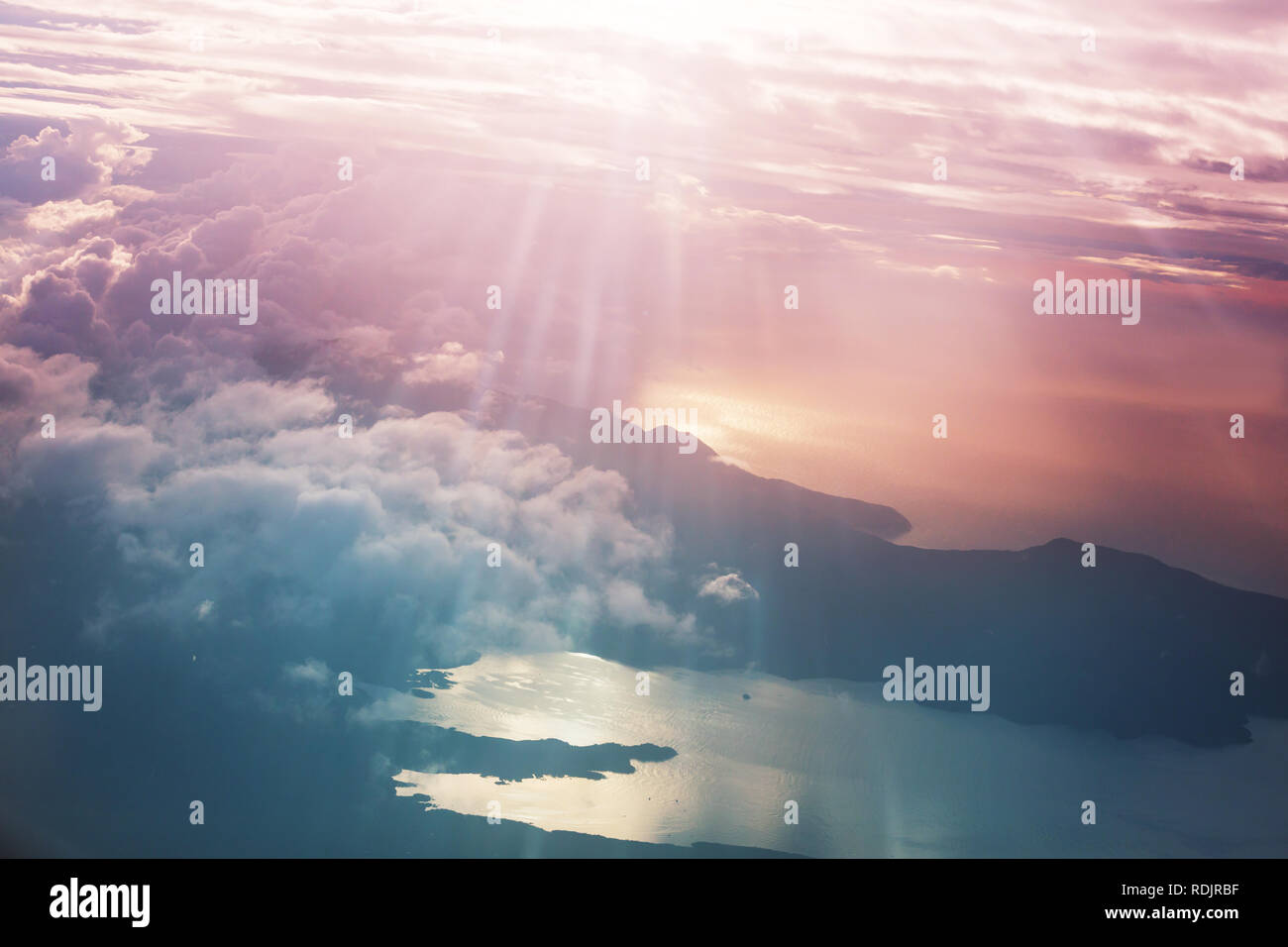 Aerial view from aircraft flying in high altitude. Landscape from above ...