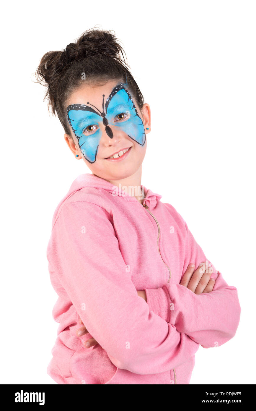 Girl with animal face-paint isolated in white Stock Photo - Alamy