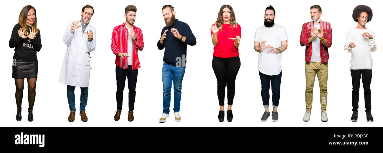 Collage of people over white isolated background disgusted expression ...