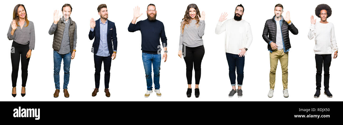 Collage of people over white isolated background Waiving saying hello ...