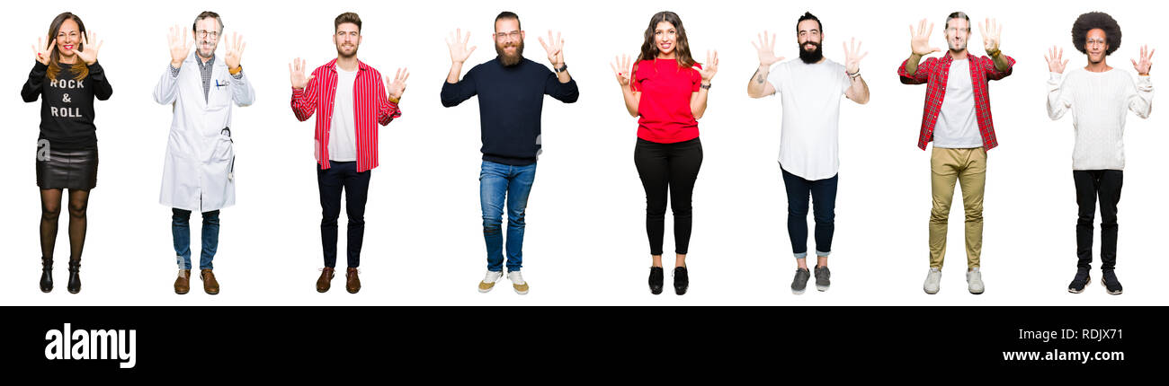 Collage of people over white isolated background showing and pointing ...