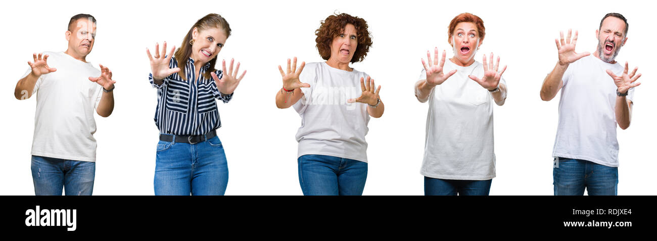 Collage of group of senior people over isolated background afraid and ...