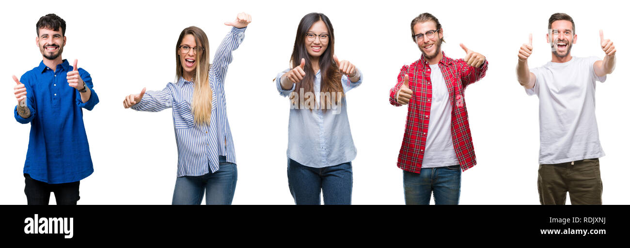Collage of young people over white isolated background approving doing ...