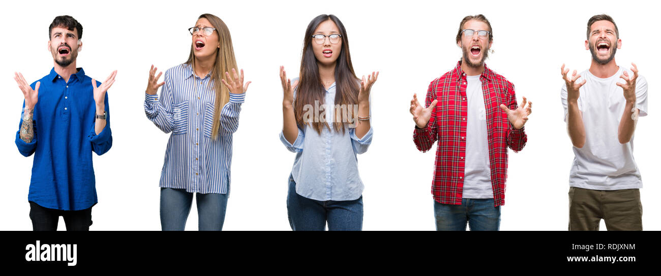 Collage of young people over white isolated background crazy and mad ...