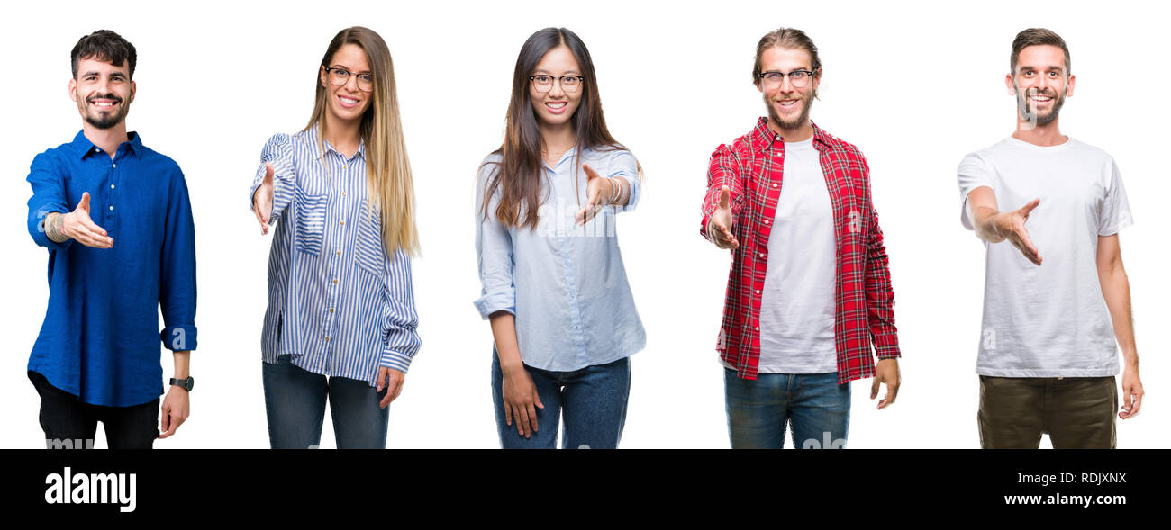 Collage of young people over white isolated background smiling friendly ...