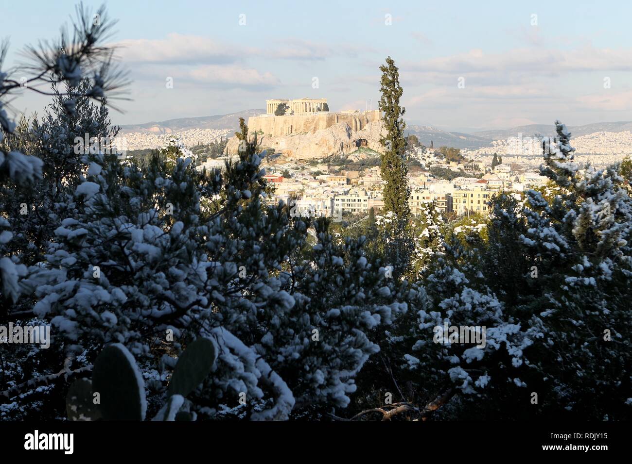 The ancient Acropolis hill with the 500BC Parthenon temple, after a ...