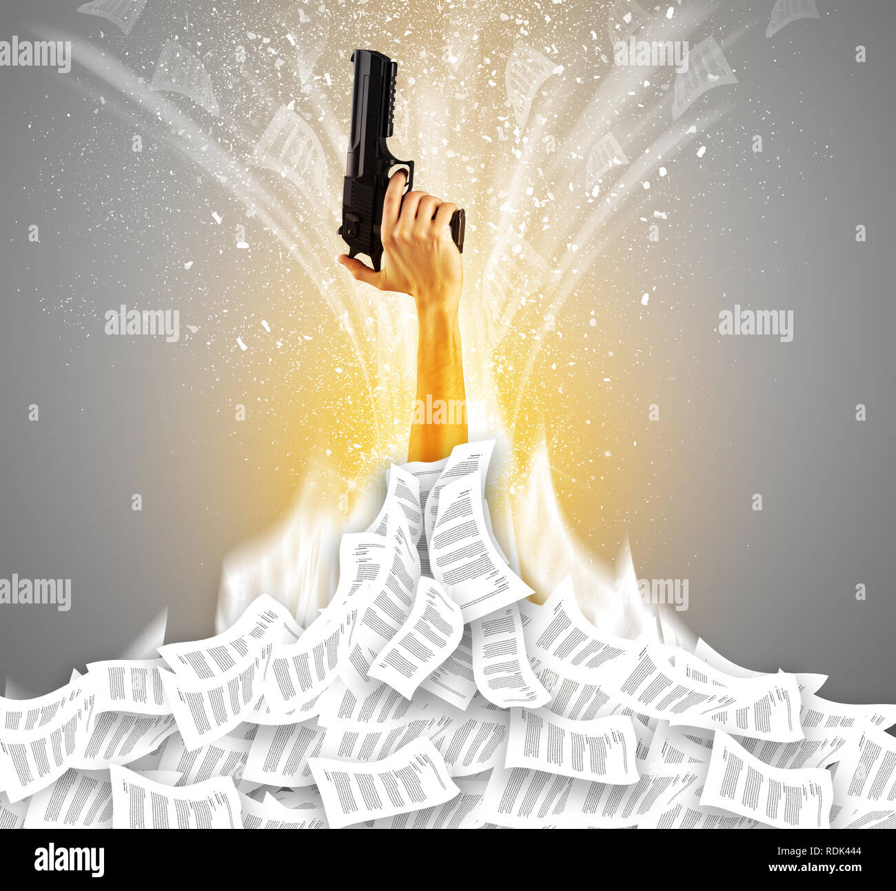 Hand buried in document pile and breaking out from it Stock Photo - Alamy