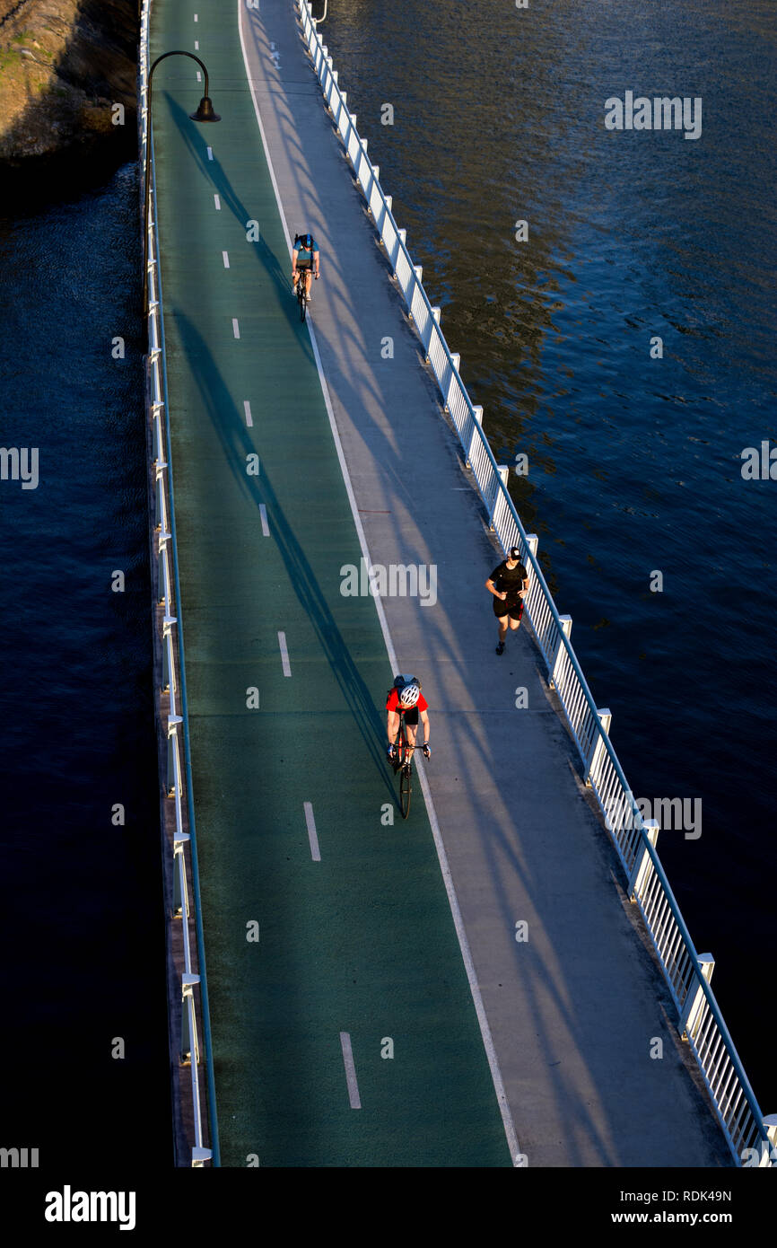 A runner and cyclists on the riverside cycleway/walkway, Brisbane city ...