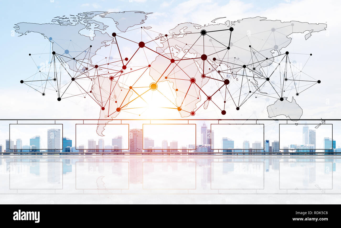 Concept of global communication and networking with world map over ...