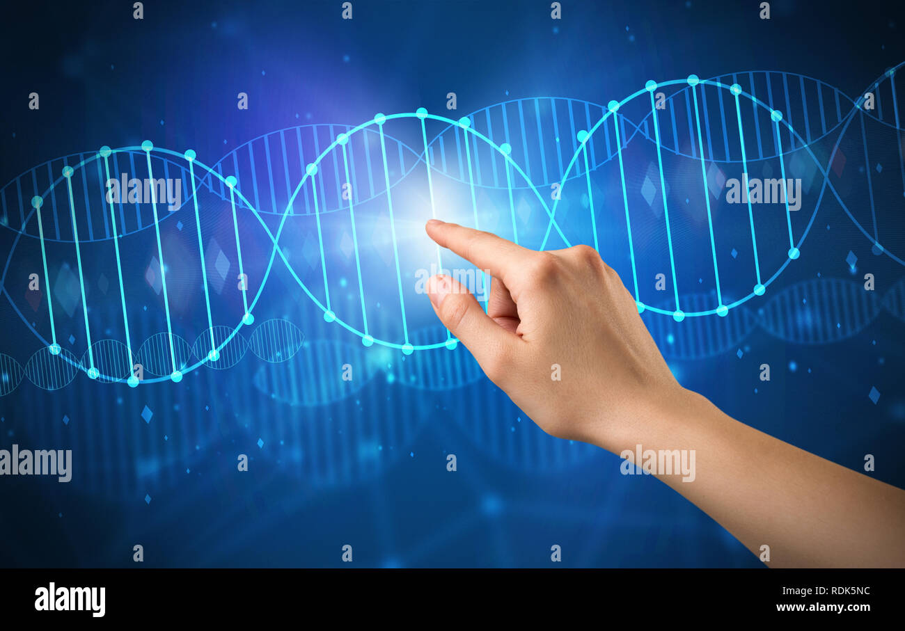 Female hand touching DNA molecule with blue background Stock Photo - Alamy