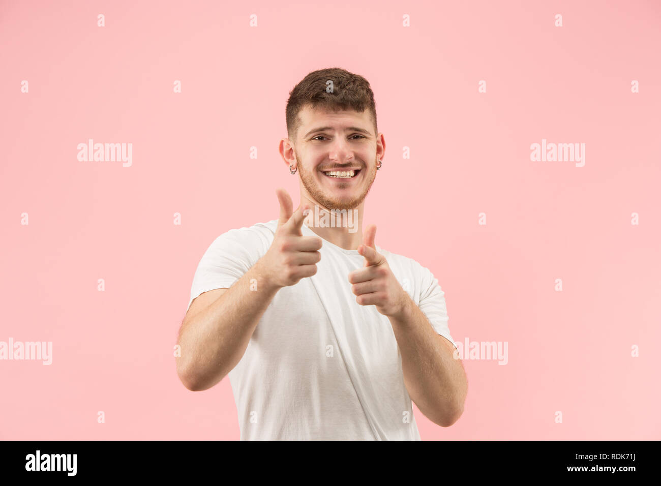 I am ok. Happy businessman, sign ok, smiling, isolated on trendy pink ...