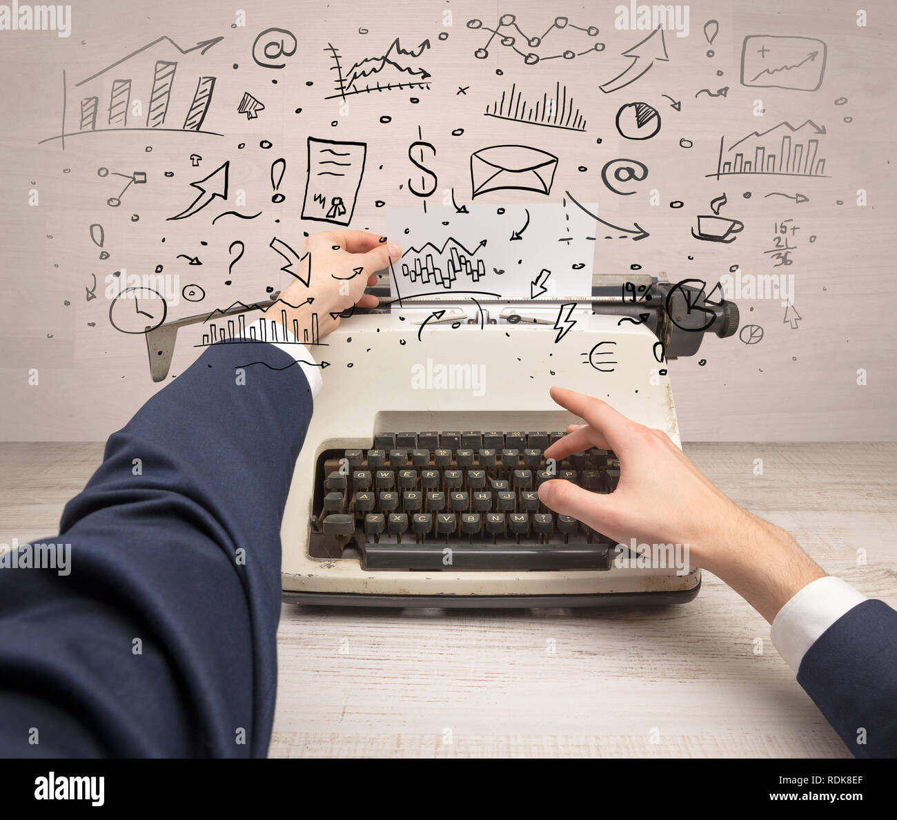 Typewriter with doodles, idea, message, plane, car balloon social media ...