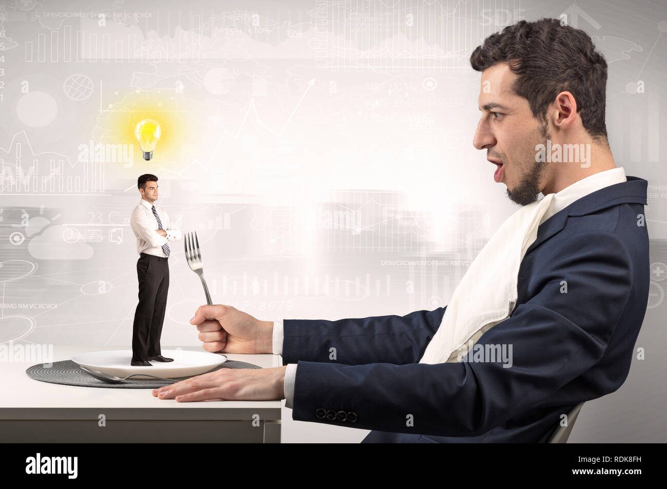 Giant businessman eating small man with financial background Stock ...