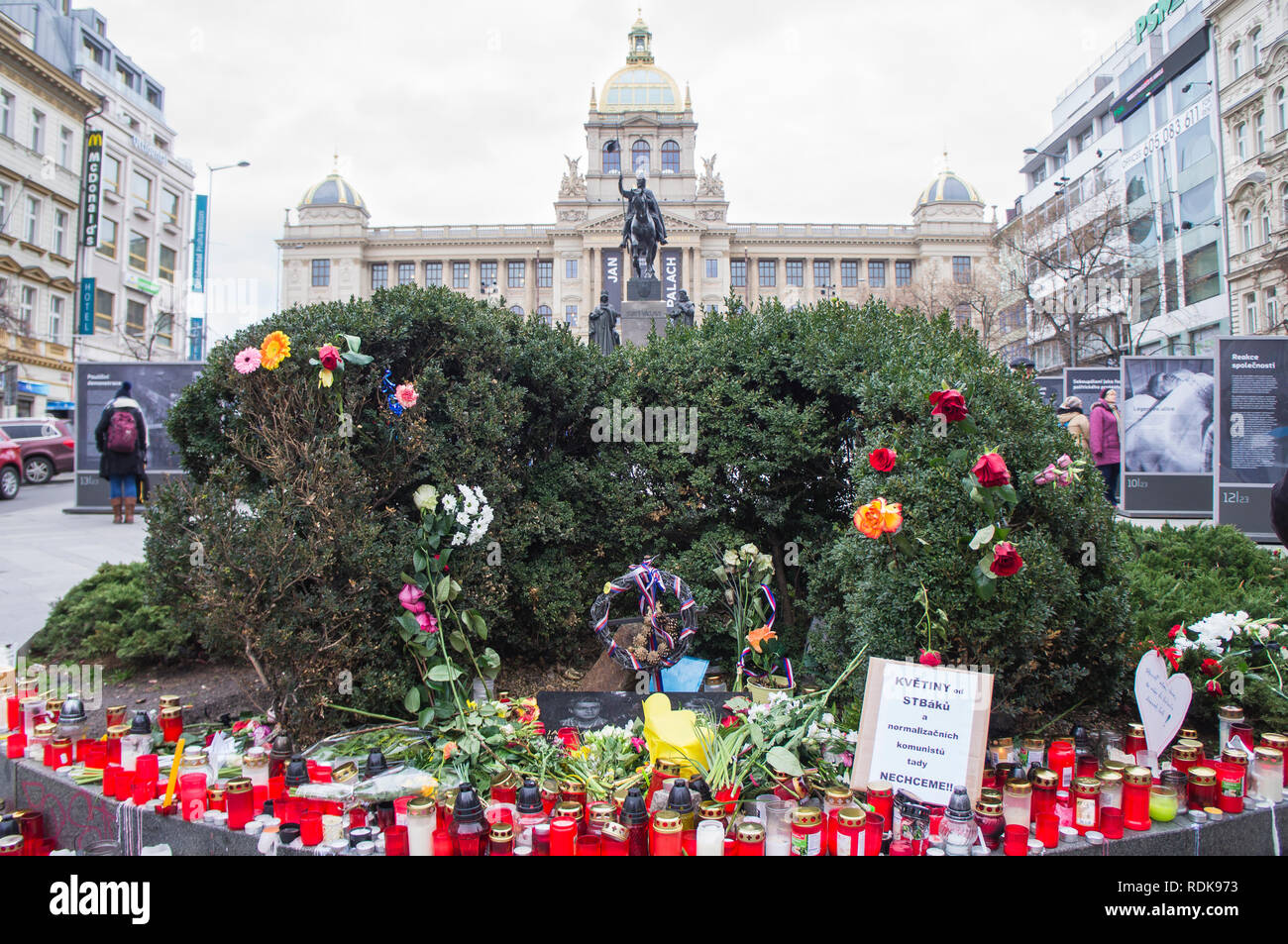 Candles and flowers for Jan Palach at Jan Palach and Jan Zajic memorial ...