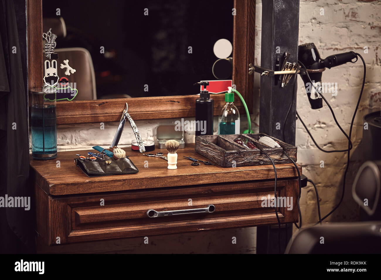 Barbershop tools on wooden brown table. Accessories for shaving and ...