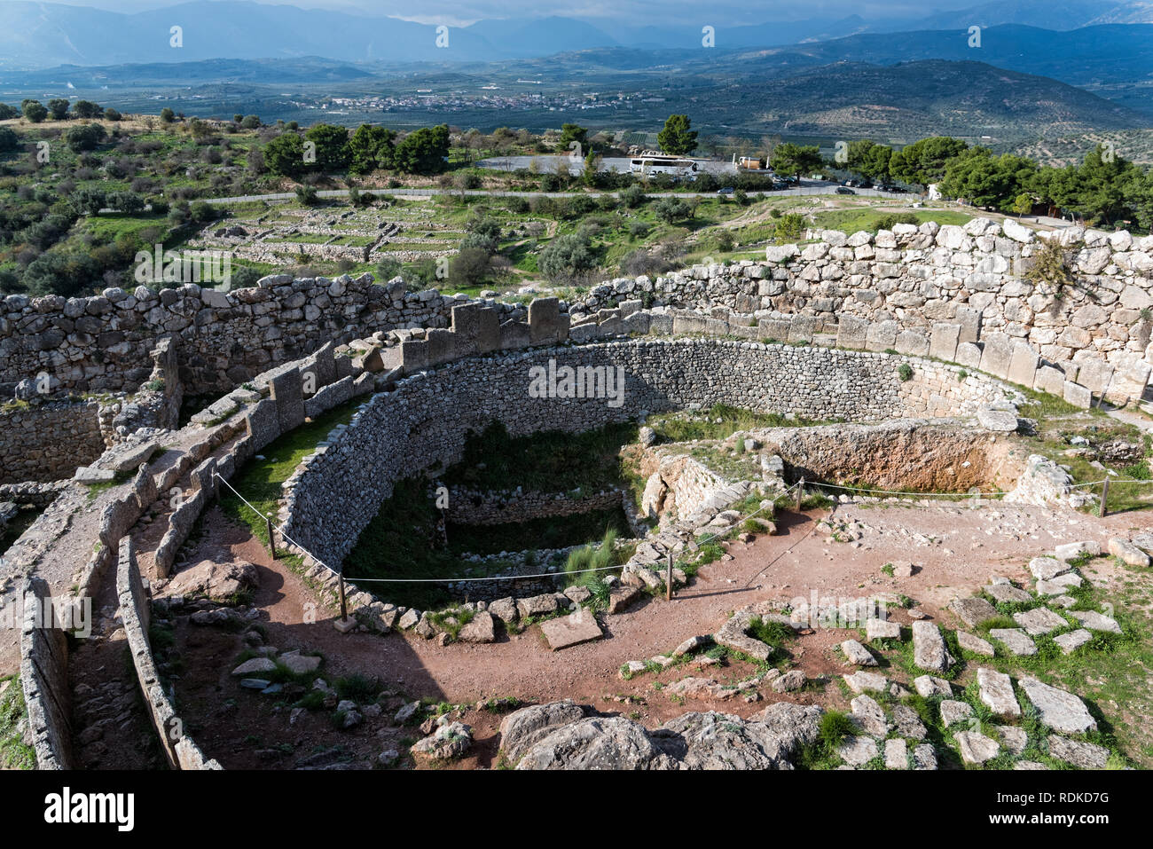 Circular graveyard at the archaeological site of Mycenae in Peloponnese ...