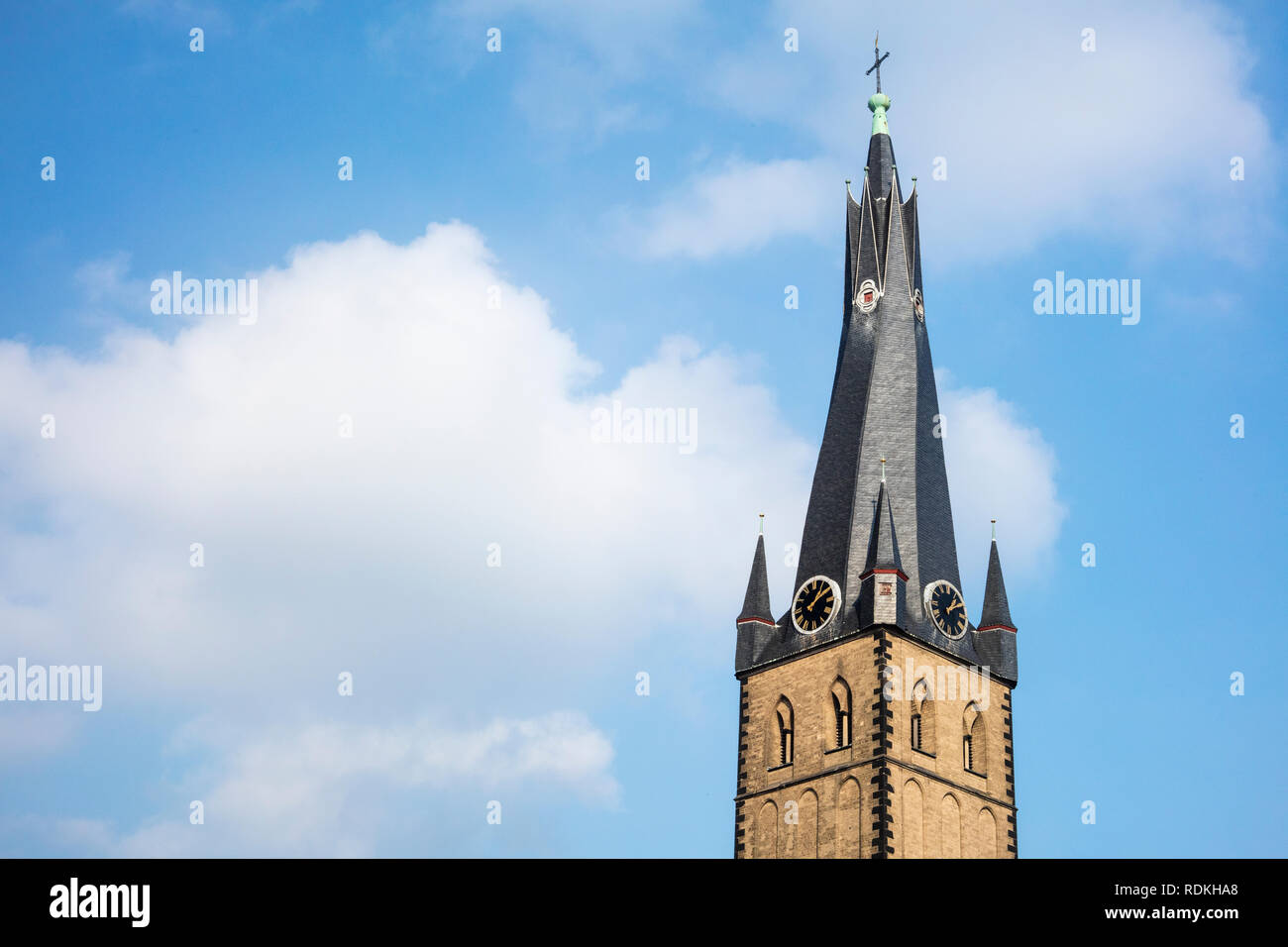 Detail of St. Lambertus church tower in Dusseldorf, Germany Stock Photo ...