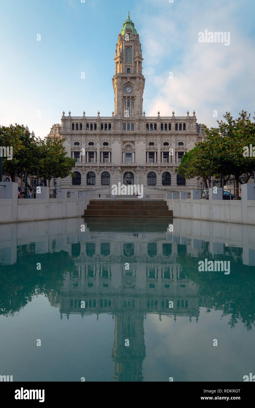 City Hall of Porto, Portugal with reflection in the water. Landscape ...