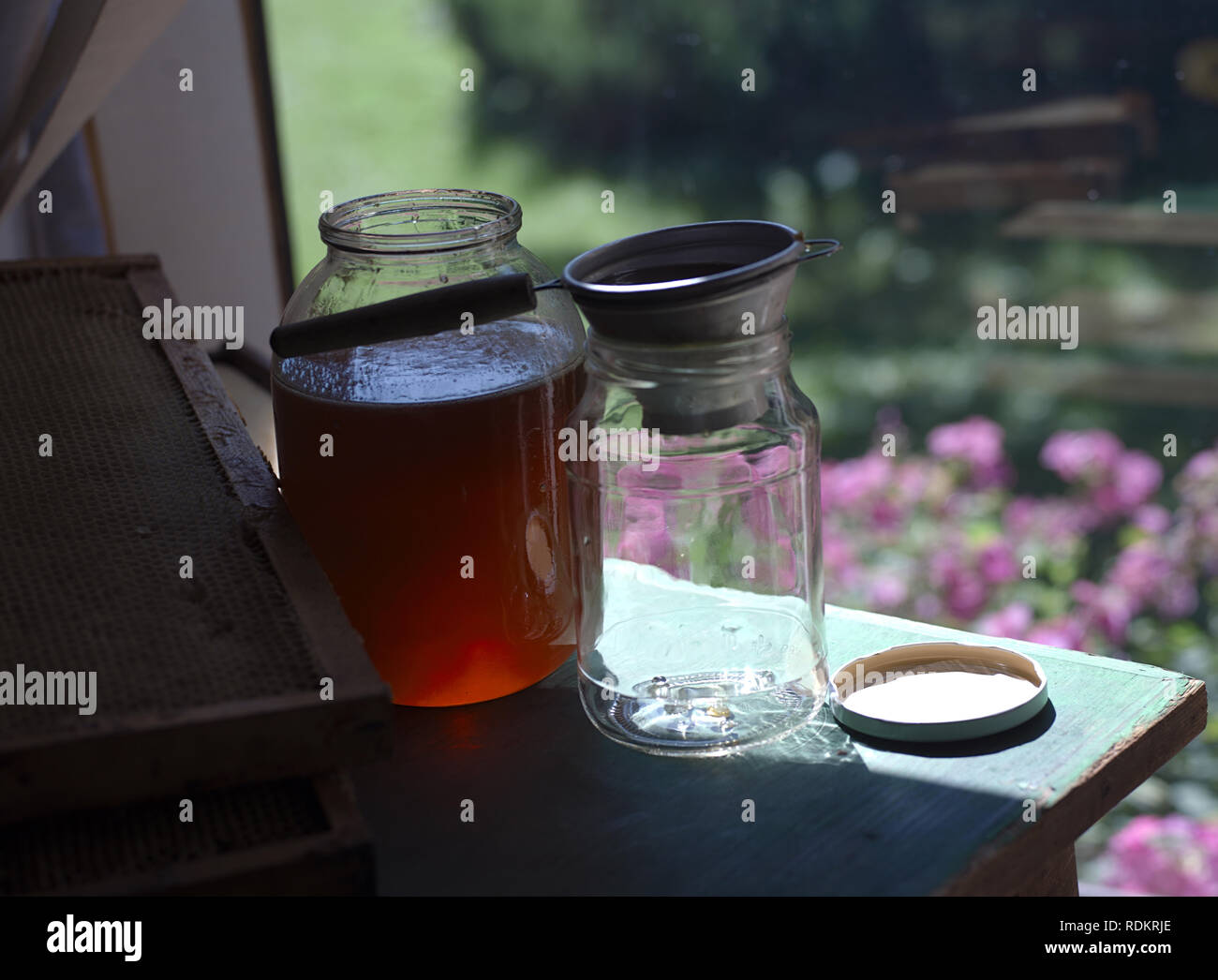 Filtering fresh honey with strainer, a blooming garden in the blurred ...