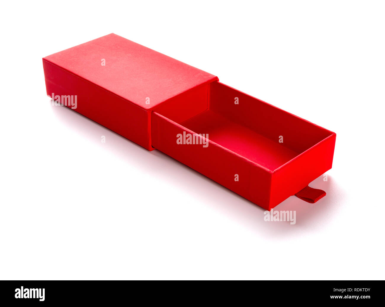 side view red gift box opened with a small gap on white background ...